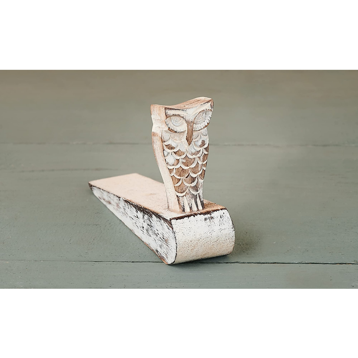 Rustic Wooden Owl Door Draft Stopper Wedge – Sturdy and Stackable Door Stop, Multi Floor Doorstop Ensures Tight Fit (White)