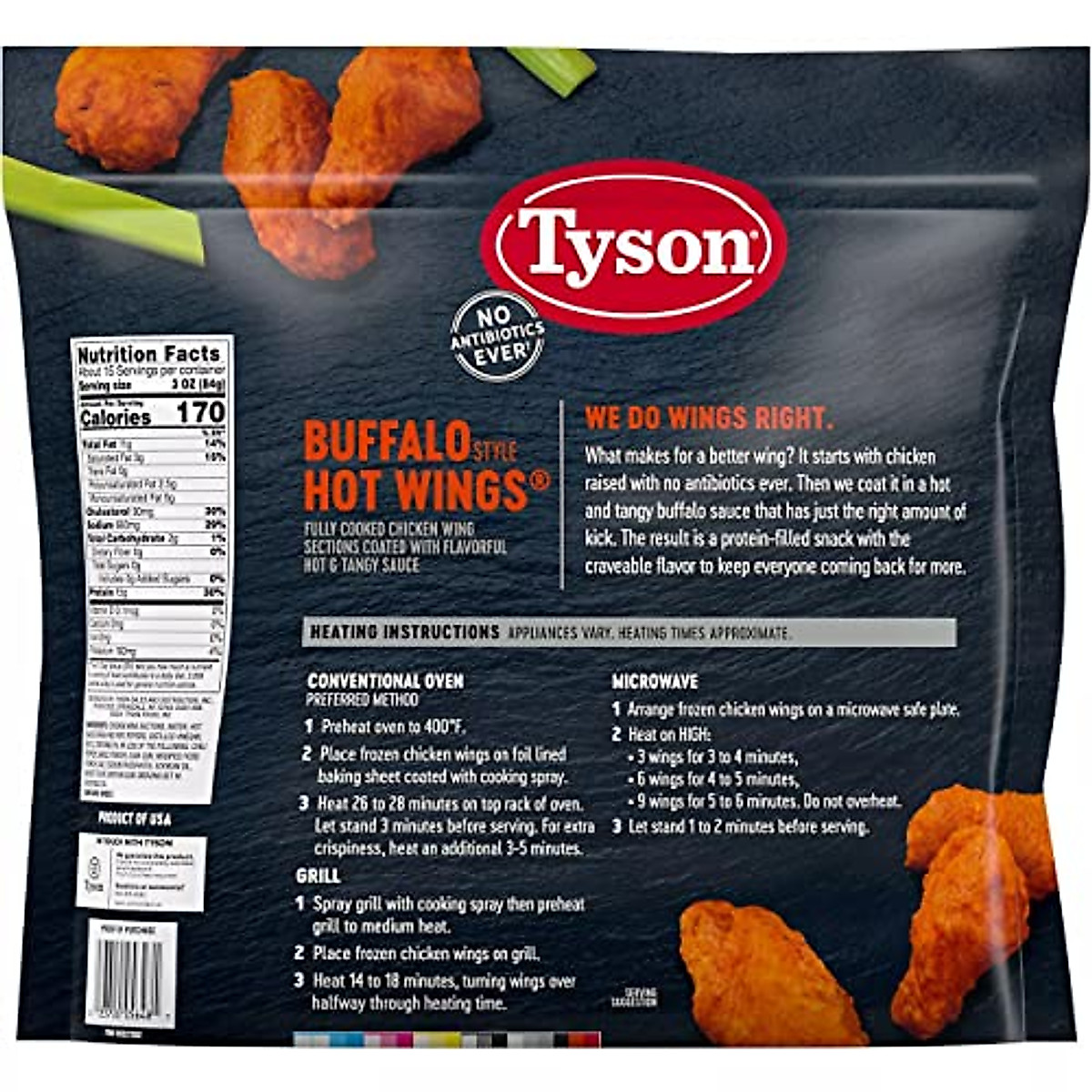 Tyson Fully Cooked Buffalo Style Bone-In Chicken Wings, with Flavorful Hot and Tangy Sauce - 15g Protein Per Serving - 4 Pack (64 oz Each) - Ready Set Gourmet Donate a Meal Program