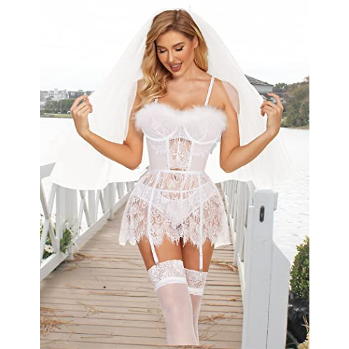 Avidlove Women Bridal Garter Lingerie Sexy Wedding Nightgown Underwire Lace Negligee White M