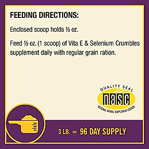 Horse Health Vita E & Selenium Crumbles Horse Vitamin Supplement, Supports optimal muscle health & antioxidant support, 3 lbs., 96 day supply