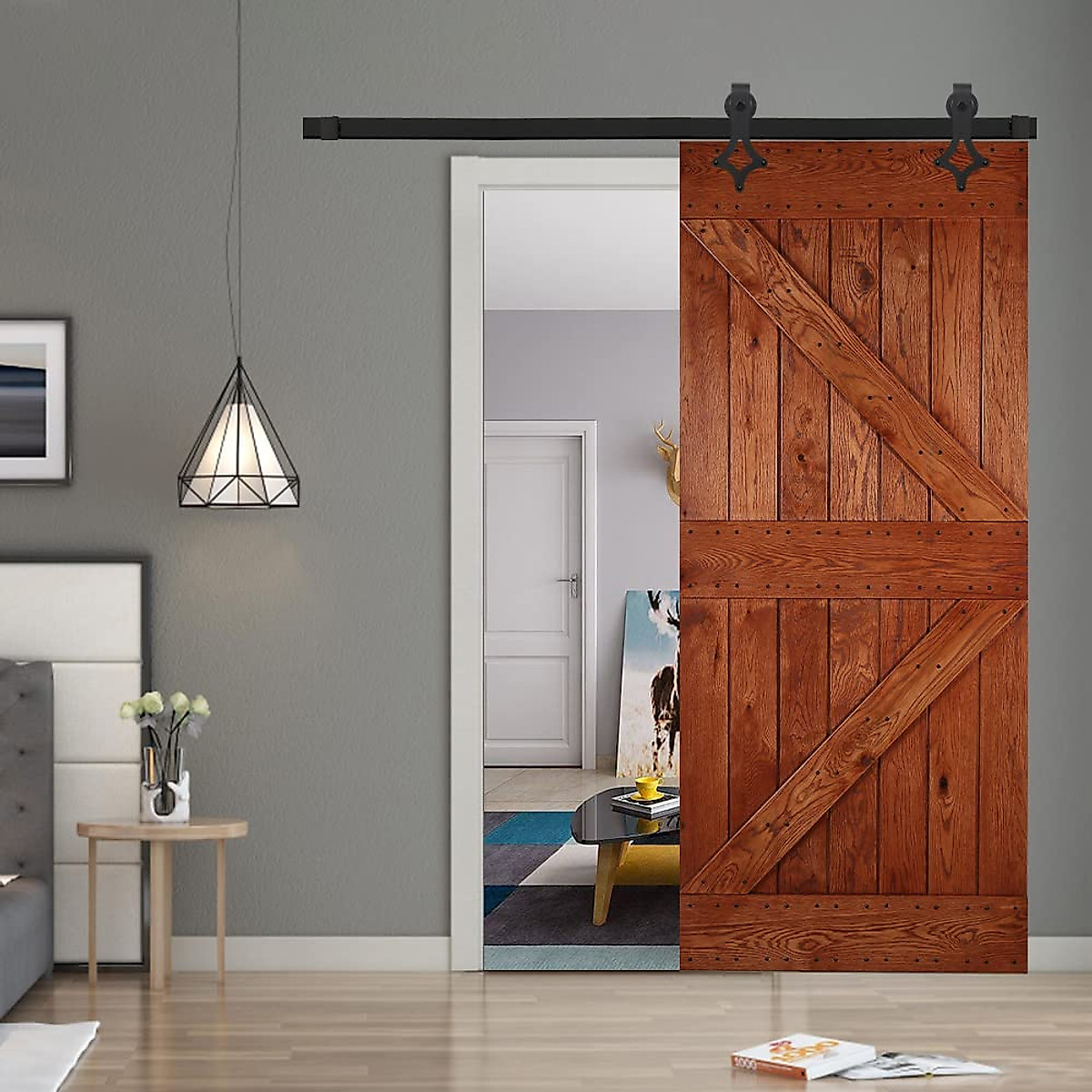 7.5FT Sliding Barn Door Hardware Kit Heavy Duty Sturdy Rustic Rhombus Shape Hanger Barn Door Track Set for Single 45" Wide Door Garage Closet