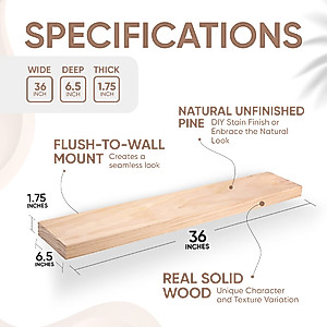 Homeforia Rustic Farmhouse Floating Shelves, Bathroom Wooden Shelves for Wall Mounted, Thick Industrial Kitchen Wood Shelf - 36 x 6.5 x 1.75 inch - Set of 2 - Unfinished - No Stain - DIY