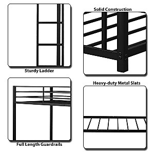 CNANXU Full Over Full Bunk Bed,Heavy Duty Metal Bunk Bed Frame with Ladder & Guardrail for Kids Bedroom,No Box Spring Required,Black