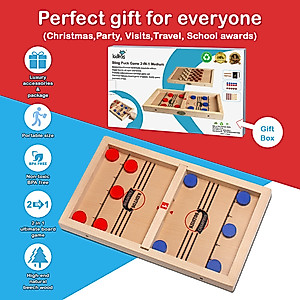 Kiditos 22.4" Fast Sling Puck Wooden Tabletop Hockey Game - 3 Levels, 2-4 Players, Slingshot Game for Family Game Night