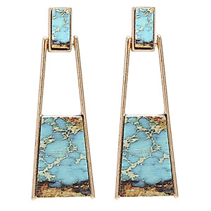 BONALUNA Bohemian Wood And Marble Effect Oblong Shaped yellow-gold-plated-bronze Drop Statement Earrings (TURQUOISE)