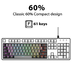 Snpurdiri 60 Percent Machanical Keyboard Red Switches, 60% Mini Gaming Keyboard Rainbow Backlit, Full Anti-Ghosting Compact Gaming Keyboard for PC Gamer Office Business (Black-Grey, Red Switches)