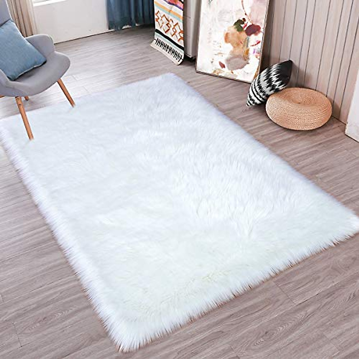 Andecor Soft Fluffy Faux Fur Bedroom Rugs 3 x 5 Feet Indoor Wool Sheepskin Area Rug for Girls Baby Living Room Chair Sofa Home Decor Floor Carpet, White