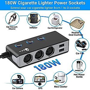 Quick Charge 3.0 Cigarette Lighter Splitter, Qidoe 3 Socket 180W Cigarette Lighter Adapter with 4 USB Fast Charging, DC 12V/24V Cigarette Outlet LED Voltmeter Independent Button for All Car Devices