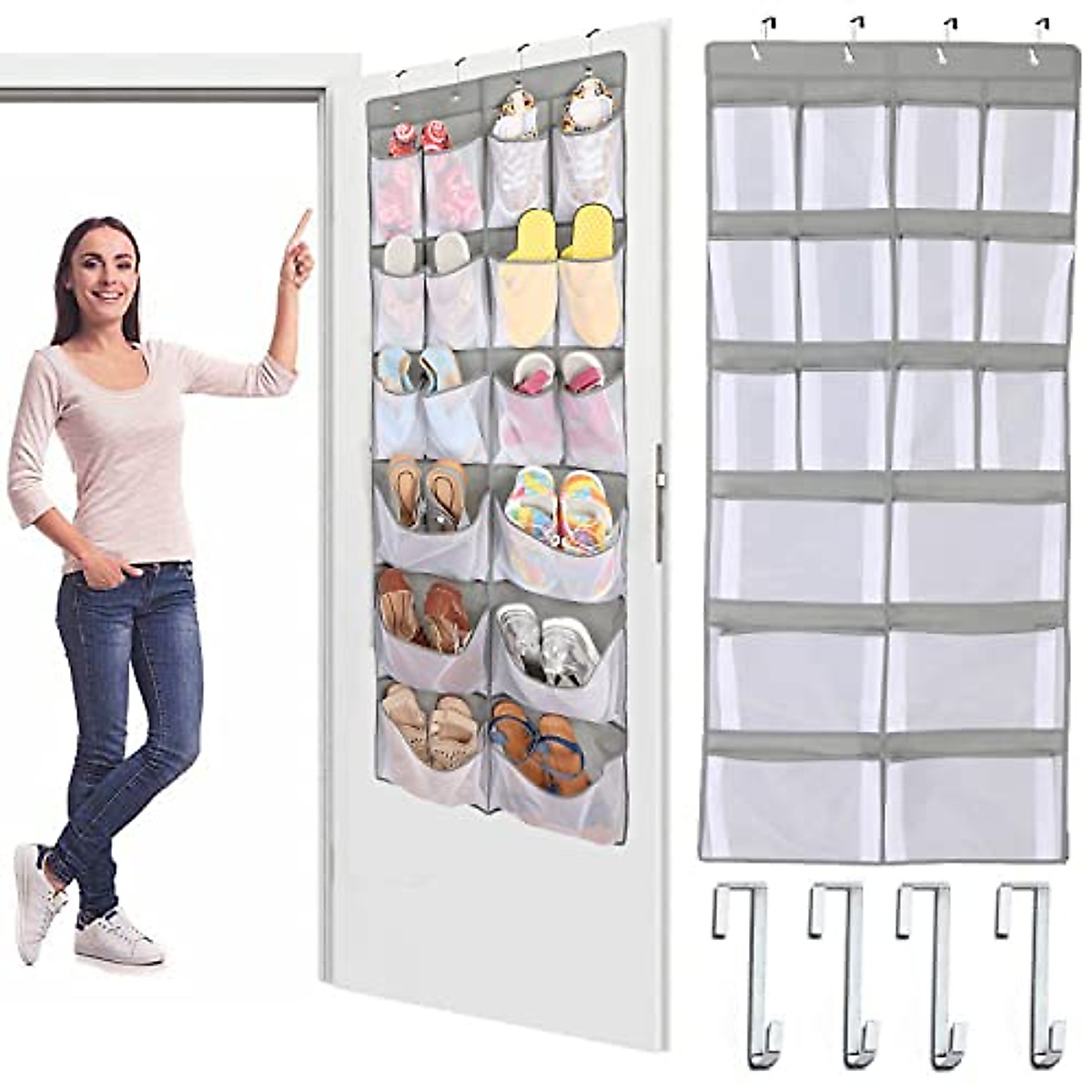 Over the Door Shoe Organizer, 18 Pockets Hanging Shoe Rack Non-Woven Visible Mesh Large, Back of Door Hanging Storage Closet Shoe Holder Hanger for Entryway Bedroom Bathroom