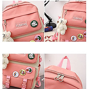 4PCS Canvas School Backpack Combo Set with Kawaii Teddy Bear Pendant Pin Cute Aesthetic Laptop Schoolbag Shoulder Tote Bag (Blue)