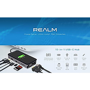 Realm USB C Hub, 15-in-1 Hub with Wireless Charging, 60W Power Delivery, 4K HDMI, 7 USB A Ports, VGA, Ethernet, Dual Video Output, 3.5mm Aux, SD & Micro SD Port, for MacBook Pro & Other USB C Laptops