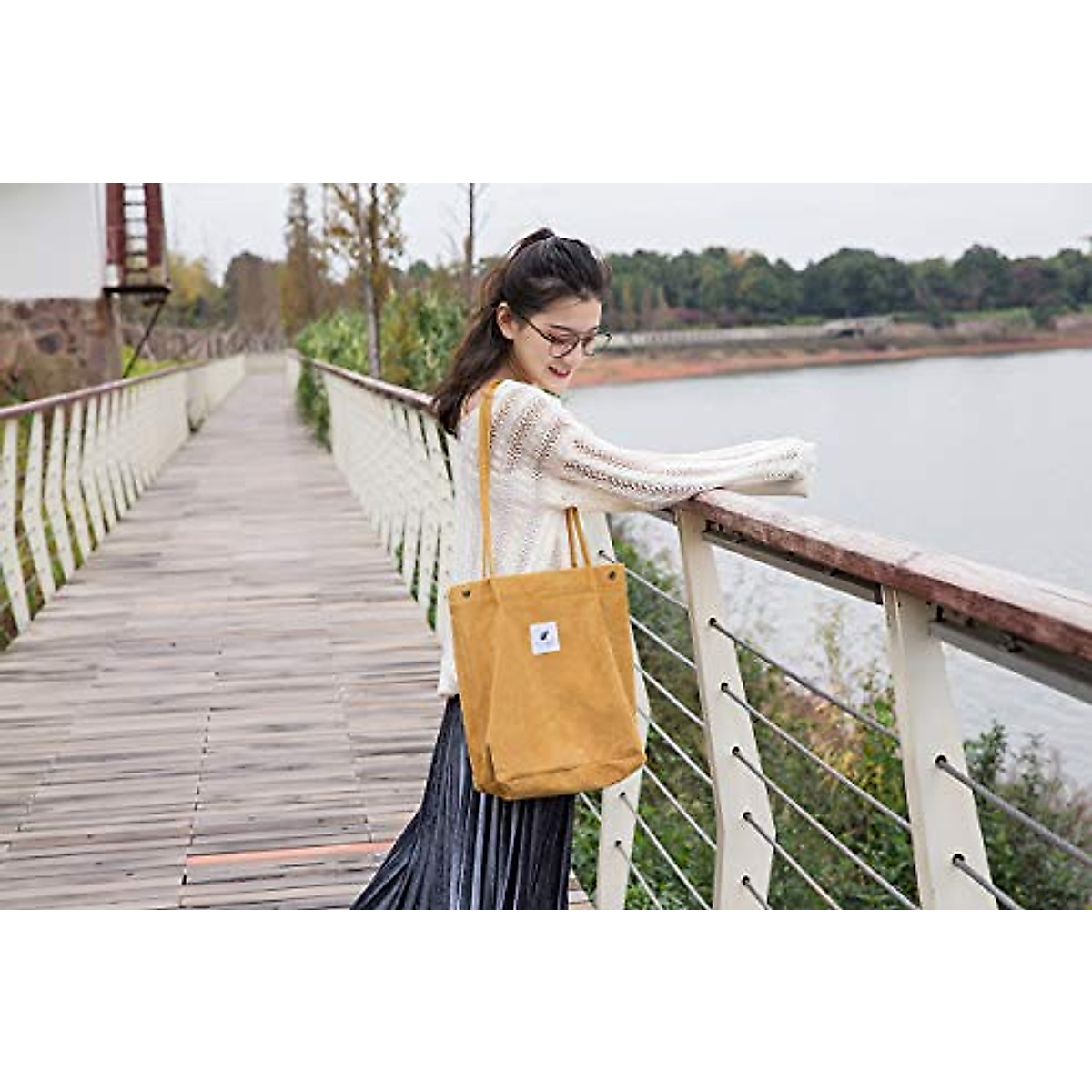 Belsmi 13 Inches Corduroy Small Totes Bag (Yellow)