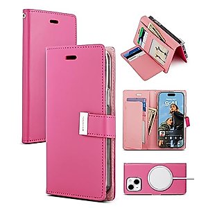 GOOSPERY Rich Wallet Compatible with iPhone 15 Plus, Extra Card Slot Flap Functional & Fashionable Stylish PU Leather Flip Card Holder Phone Cover - Hot Pink