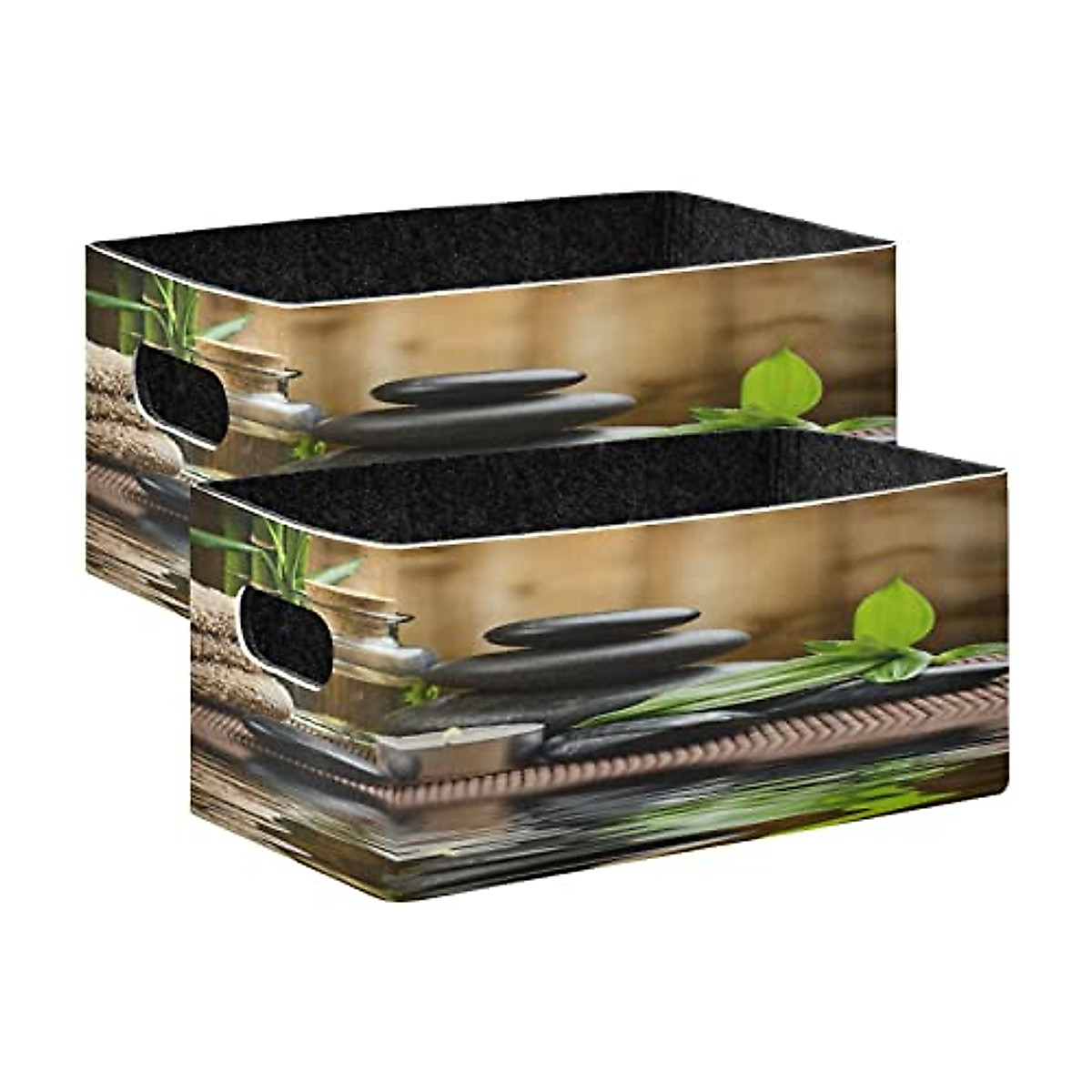 Nesatuwa 2 Pack Zen Basalt Stones on Wood Collapsible Felt Storage Bin Rectangular Storage Baskets with Handles for Closet Toys Clothes