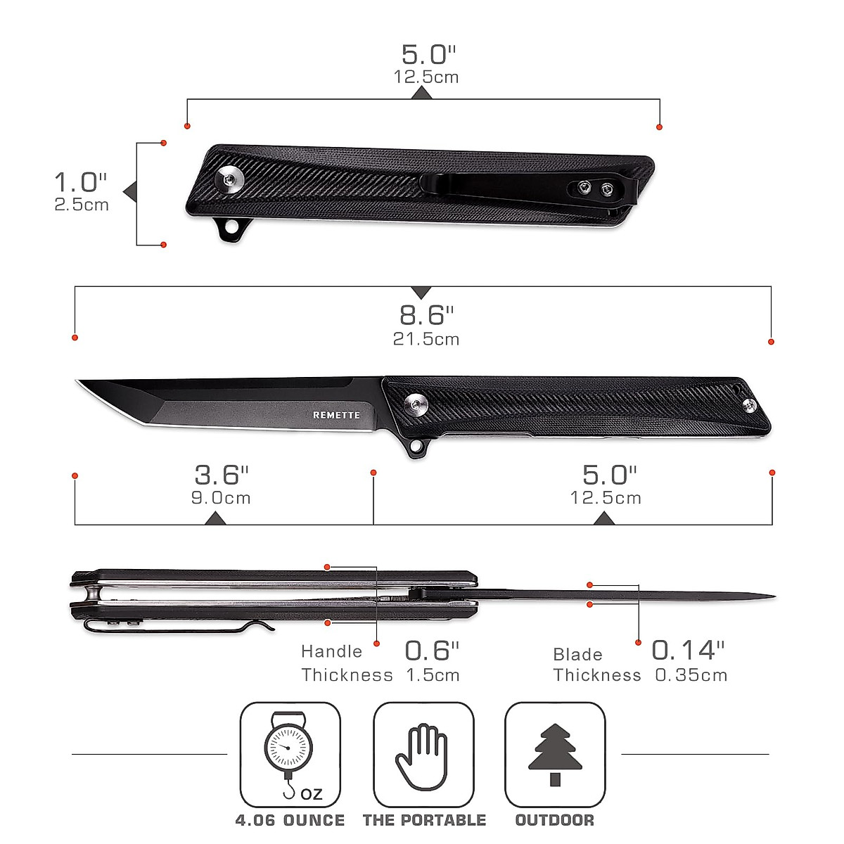 REMETTE Tactical Pocket Knife GD22K,Flip Assisted Opening Pocket knife,Sharp D2 Steel Tanto Folding knife with Durable G10 Handle,Men Women Everyday Carry EDC Knife,Camping Hunting Knives