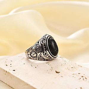 Retro Vintage Stone Rings for Men Turquoise Rings Stainless Steel Signet Biker Band Black Stone 10
