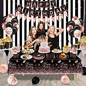 225 PCS Black and Rose Gold Party Decoration Black Rose Gold Dinnerware Set Rose Gold & Black Party Supplies Rose Gold and Black Birthday Party Supplies-Plates, Banners, Balloons, Tablecloth Serves 20