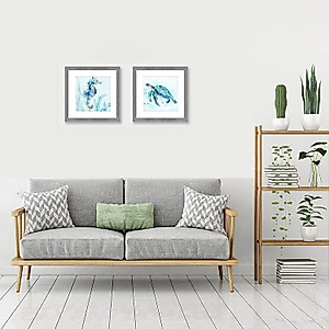 Seahorse & Sea Turtle 12"x12" Coastal Nautical Wallart Picture Frame Print Painting | Set of 2 | Wall Art Ocean Beach Theme | Plexiglass | Matted Cavas Art Print | Bathroom Living Room Decoration