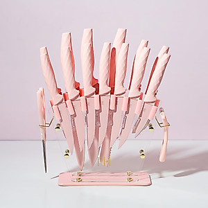 Paris Hilton Knife Block Set with Fan Style Clear Acrylic Knife Block, Premium Stainless Steel Blades with Nonstick Coating, Comfort Grip Handles, 16-Piece Set, Pink and Gold