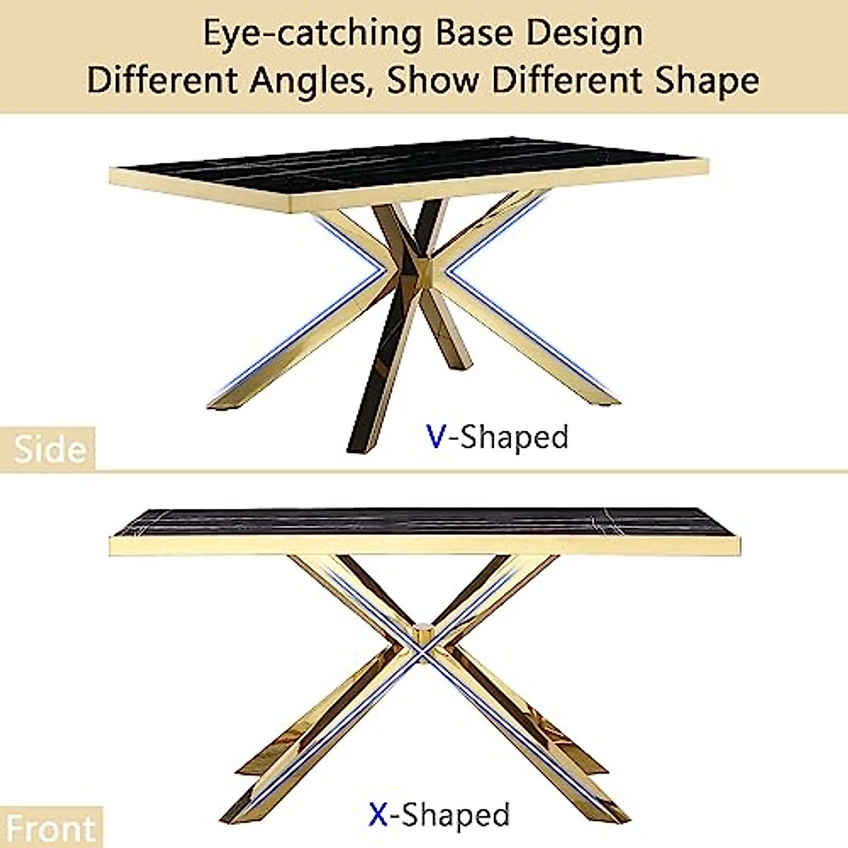 AZhome Modern Dining Room Table with Gold Stainless Steel Metal X-Base in Black Gold