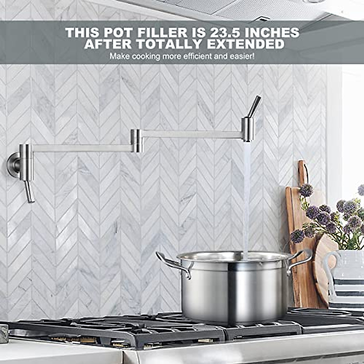 WOWOW Brass Pot Filler Faucet Kitchen Sink Pot Filler Faucets Wall Mount Folding Faucet Stretchable Double Joint Swing Arm Faucet (Brushed Nickel)