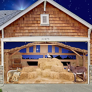 Preboun Christmas Nativity Garage Door Banner Cover Nativity Stable Scene Backdrop Banner Farm Barn Backdrop Christmas Banner Western Photo Backdrop Outdoor Xmas Holiday Winter Party Decor (8 x 16 FT)