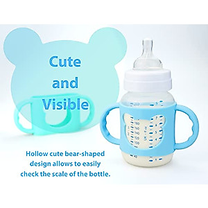 Baby Bottle Handles, Durable Food Grade Silicone Transitional Sippy Cup Handle Grip for Wide-Neck Baby Bottles, Cute Bear Design, Pack of 2, Blue & Turquoise