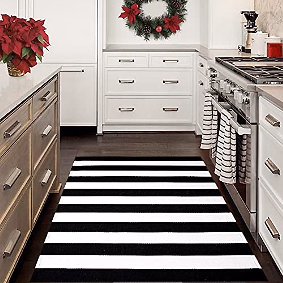 BOTTALIVE Black and White Striped Outdoor Rugs 35.5'' x 59'' Front Porch Rug Cotton Hand-Woven Area Rug for Layered Door Mats, Farmhouse, Entry Way, Welcome Door Mat