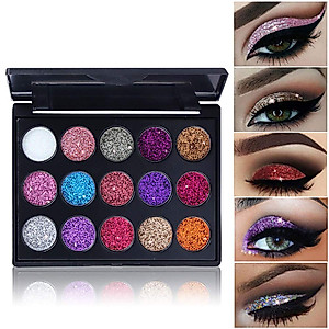 evpct 15 Colors Shimmer Glitter Sparkle Glittery Eyeshadow Makeup Palette Pallet Glitter for Girls,Pink Silver Red Rose Green Sparkling Sparkly Glitter Gel Pigment Eyeshadow Face Paint Makeup Palette