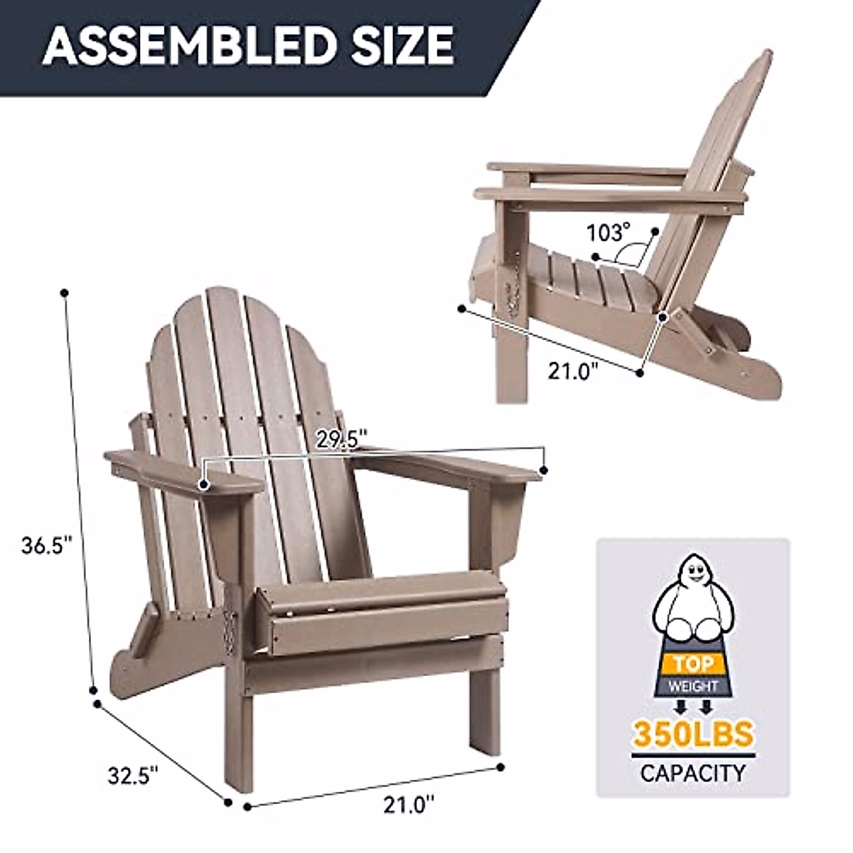 Classic Folding Adirondack Chair, Weather Resistant Patio Seating, Heavy Duty Poly Plastic Outdoor Chairs, Deck Fire Pit Garden Lawn Backyard Porch Chairs - Easy Assemble - Brown