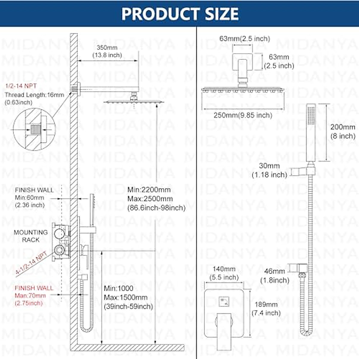 Midanya Oil Rubbed Bronze Bathroom Shower System Wall Mount Shower Faucet Set 10 Inch Square Rainfall Shower Head High Pressure Shower Fixture with Handheld Sprayer Rough-in Valve and Trim Included