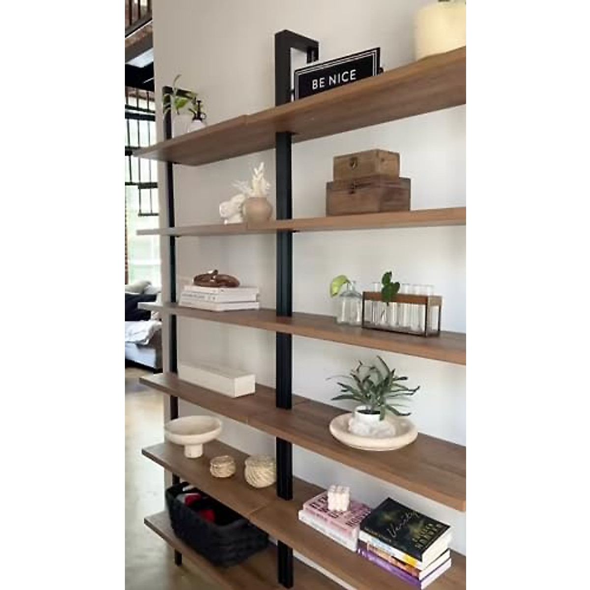 Nathan James Theo 6-Shelf Tall Bookcase, Wall Mount Bookshelf with Reclaimed Wood and Industrial Metal Frame, Oak/Black