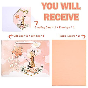 WRAPAHOLIC 16" Extra Large Baby Girl Gift Bag with Card and Tissue Paper - For Baby Shower, New Baby