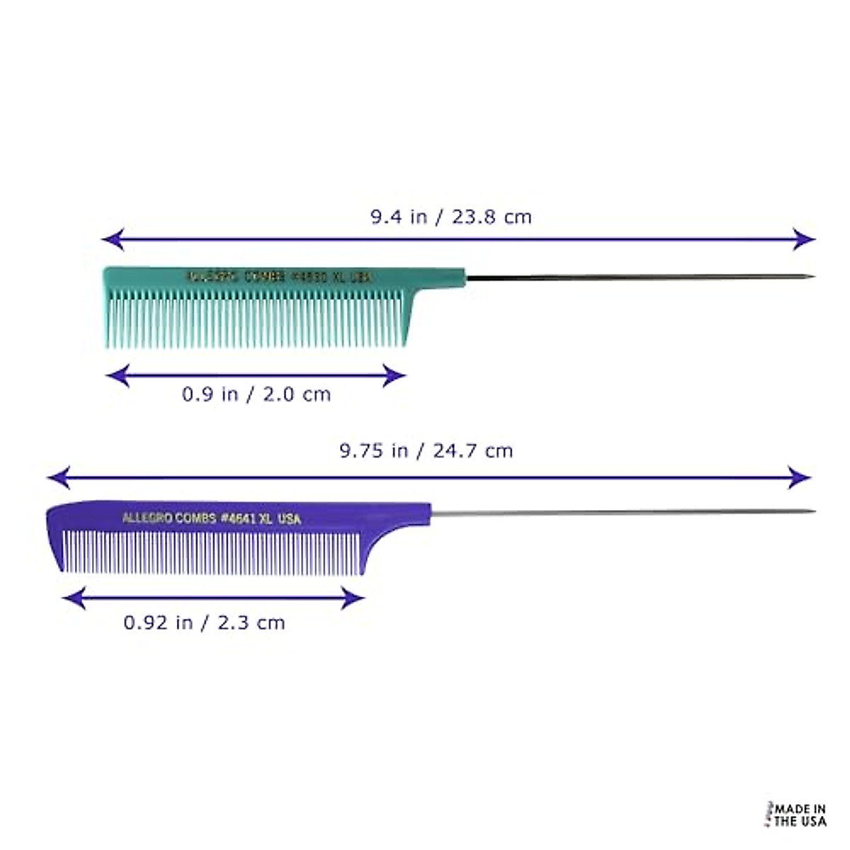 Allegro Combs XL Pintail Rat Tail Combs Parting Combs Metal Tail Foiling Combs Pin Combs 2 Pc. (PURPLE & MINT)