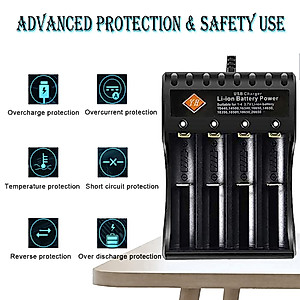 18650 Battery Charger 4 Bay Smart Universal USB Charger for 3.7V Rechargeable Lithium Li ion Batteries Compatible 18650 26650 21700 10400 14500 16340 16650 18500 Battery Charger（No Battery