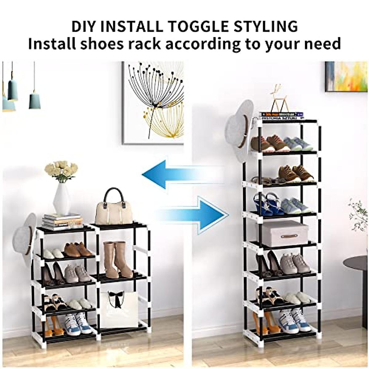 SRQMQ Sturdy Metal Shoe Rack Organizer, 8 Tiers Vertical Shoe Rack Holds 16 Pairs Shoes for Entryway, Bedrooms and Stair Passage