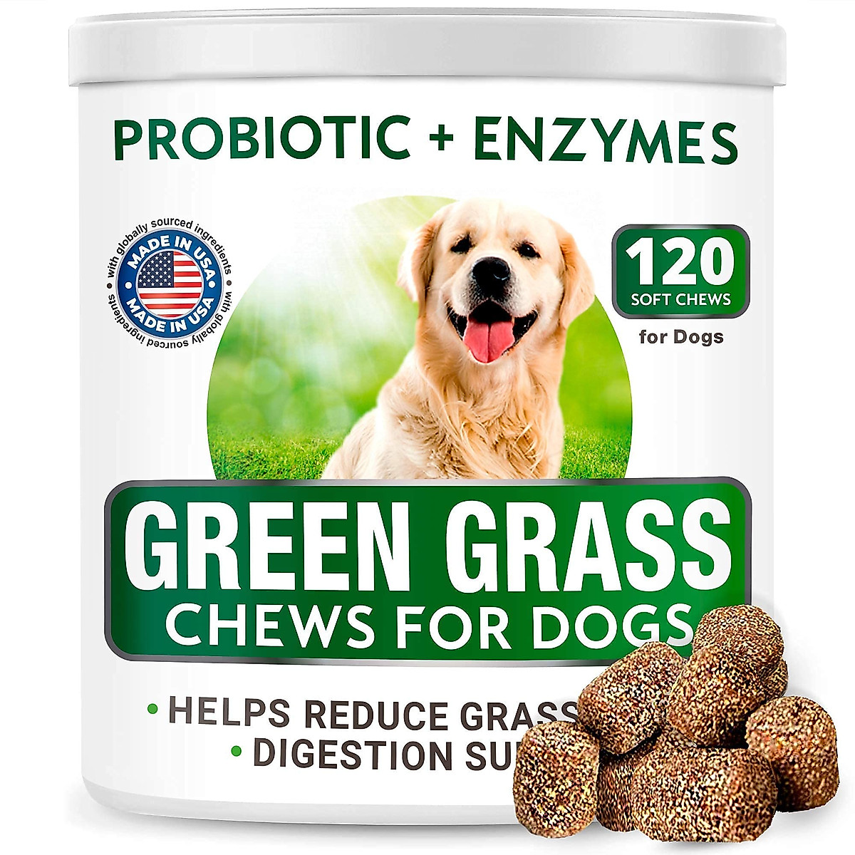 Dog Probiotics Chews + Calming Hemp Treats + All-Natural Grass Treatment - Gas, Diarrhea, Allergy, Constipation, Upset Stomach Relief + Anxiety Relief - Separation Aid + Grass Saver Pee Lawn Repair
