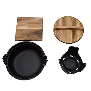 TRUMDAKE 7" Cast Iron Japanese Sukiyaki Pot - Hot Pot, Cheese Fondue, Camping Cooking - Individual or Couple's Size - Nabe Shabu Pot, BBQ, Alcohol Stove, Wooden Lid - Ideal for High-End Restaurants