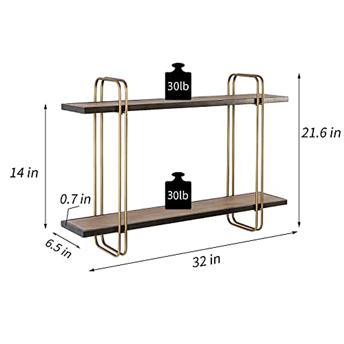 Oakrain Floating Shelves Wood, 32" Industrial Wall Shelves with Metal Frame for Bedroom, Living Room, Bathroom, Kitchen, Bar, Gold