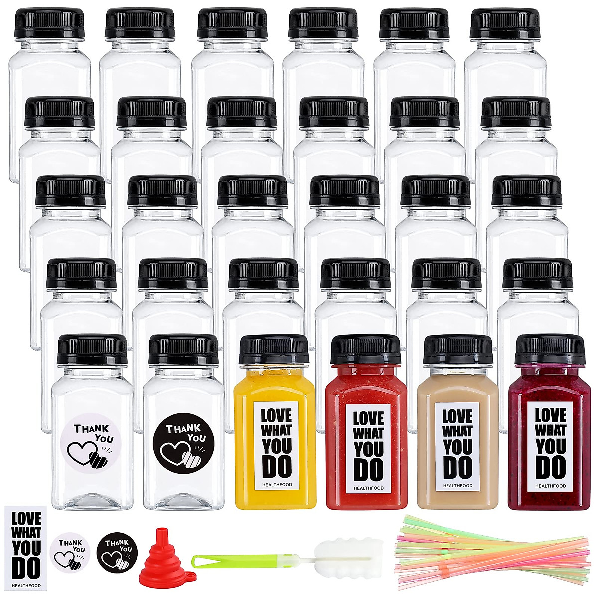 Fhxtcygj 30 Pack 5oz Reusable Empty Plastic Juice Bottles with Leak-Proof Caps Lids, Clear Water Bottle, Recyclable Drink Bulk Containers for Juicing, Smoothie, Milk and Other Homemade Beverages