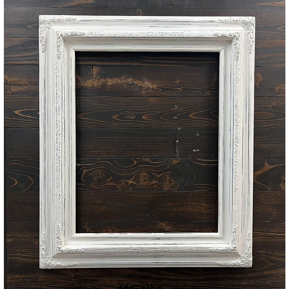 11 x 14 Traditional Compo ornate picture frame, Distressed White, custom frame, hand made (WITH PLEXIGLASS AND BACKING)