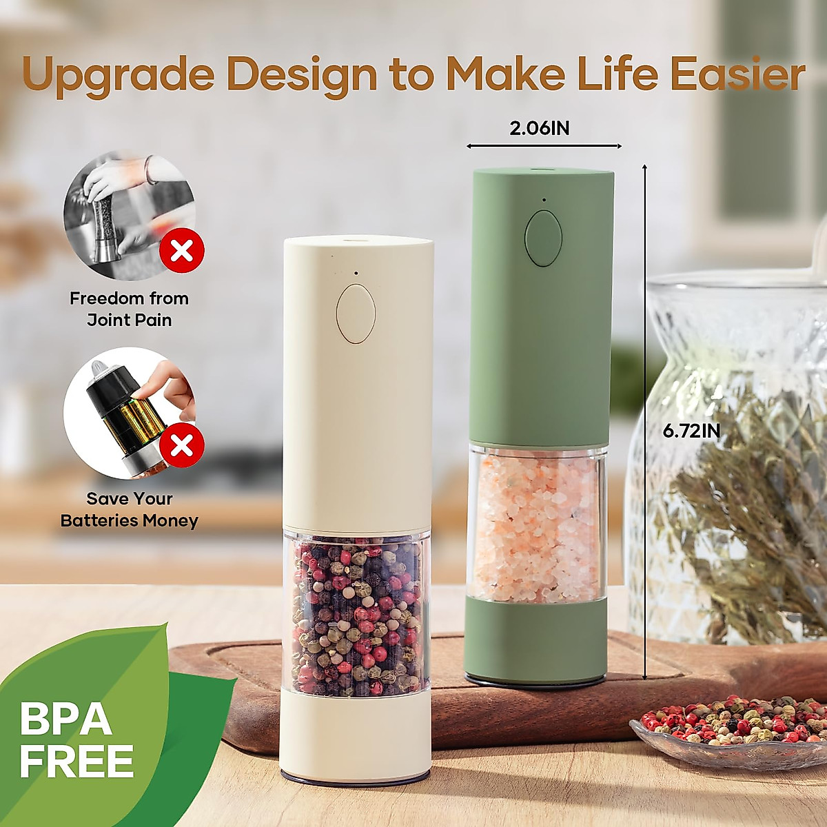 OPIIV 2 Pack Electric Salt and Pepper Grinder Set - USB Rechargeable Automatic Salt Pepper Mill Shaker with LED Light, Adjustable Coarseness, One Hand Operation (Sage/Buttercream)