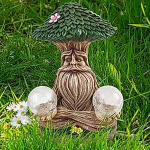 Zen Tree Man Solar Statue Meditation Old Man Figurine with LED Light Fairy Garden Tree Elf Gnome Statue，for Outdoor Decor Patio Yard Lawn Porch Halloween Decoration,11" Tall
