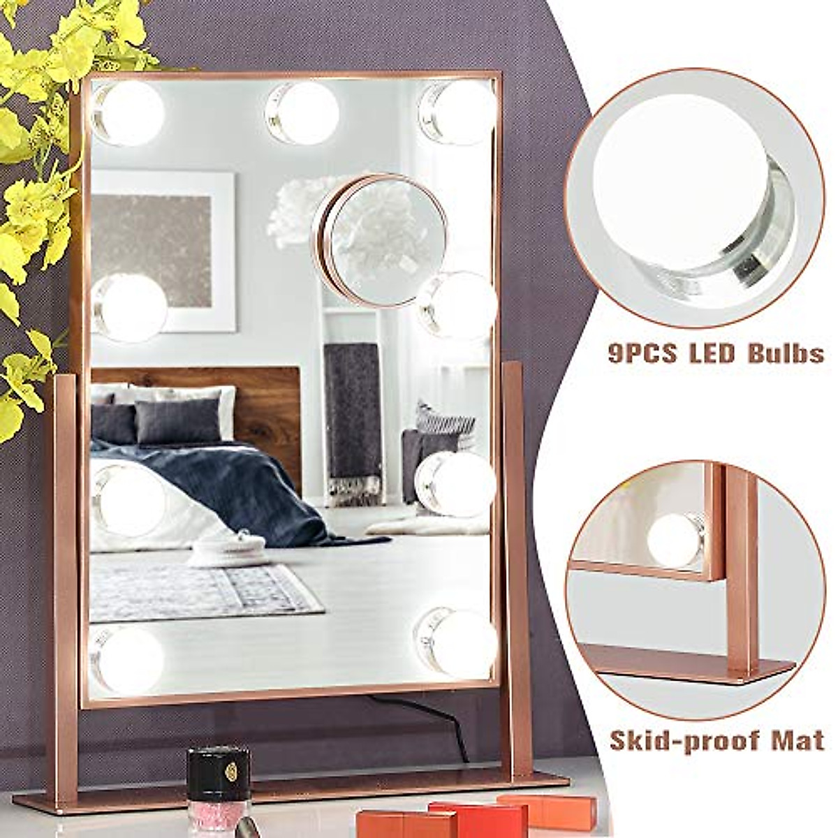 FENCHILIN Hollywood Mirror with Light Large Lighted Makeup Mirror Vanity Makeup Mirror Smart Touch Control 3Colors Dimable Light Detachable 10X Magnification 360°Rotation (Rose Gold)