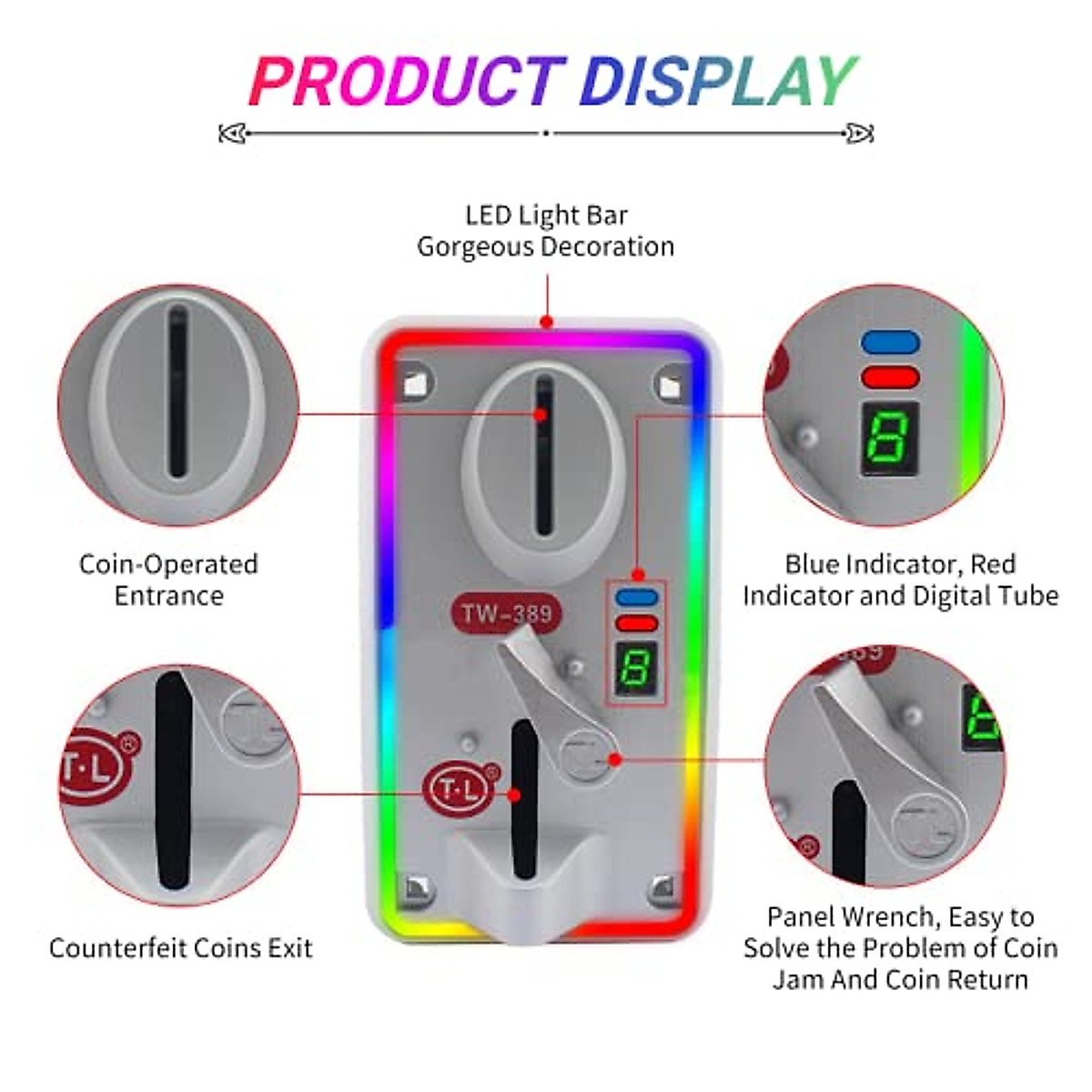 Yunseity Coin Acceptor, CPU Multi Coins Acceptor Selector with LED Indicator, Game Coin Slot Acceptor Coin Acceptor for Arcade Game Vending Machine