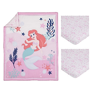 Disney The Little Mermaid Ariel Cute by Nature White & Pink Star Fish & Coral Reef 3Piece Nursery Mini Crib Bedding Set - Comforter & Two Fitted Mini Crib Sheets, Pink, Aqua, Lavender, White