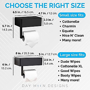 Day Moon Designs Toilet Paper Holder with Shelf - Flushable Wipes Dispenser & Storage Fits Any Bathroom, Keep Your Wet Wipes Hidden - Stainless Steel Wall Mount Bathroom Organizer - Matte Black, Small