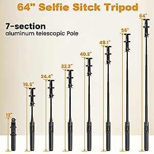 64" Selfie Stick Tripod with Remote for Cell Phone 4"-7",Portable Phone Tripod Stand Compatible with iPhone Android Lightweight Expandable for Travel Selfies Video Recording Vlog(Black)