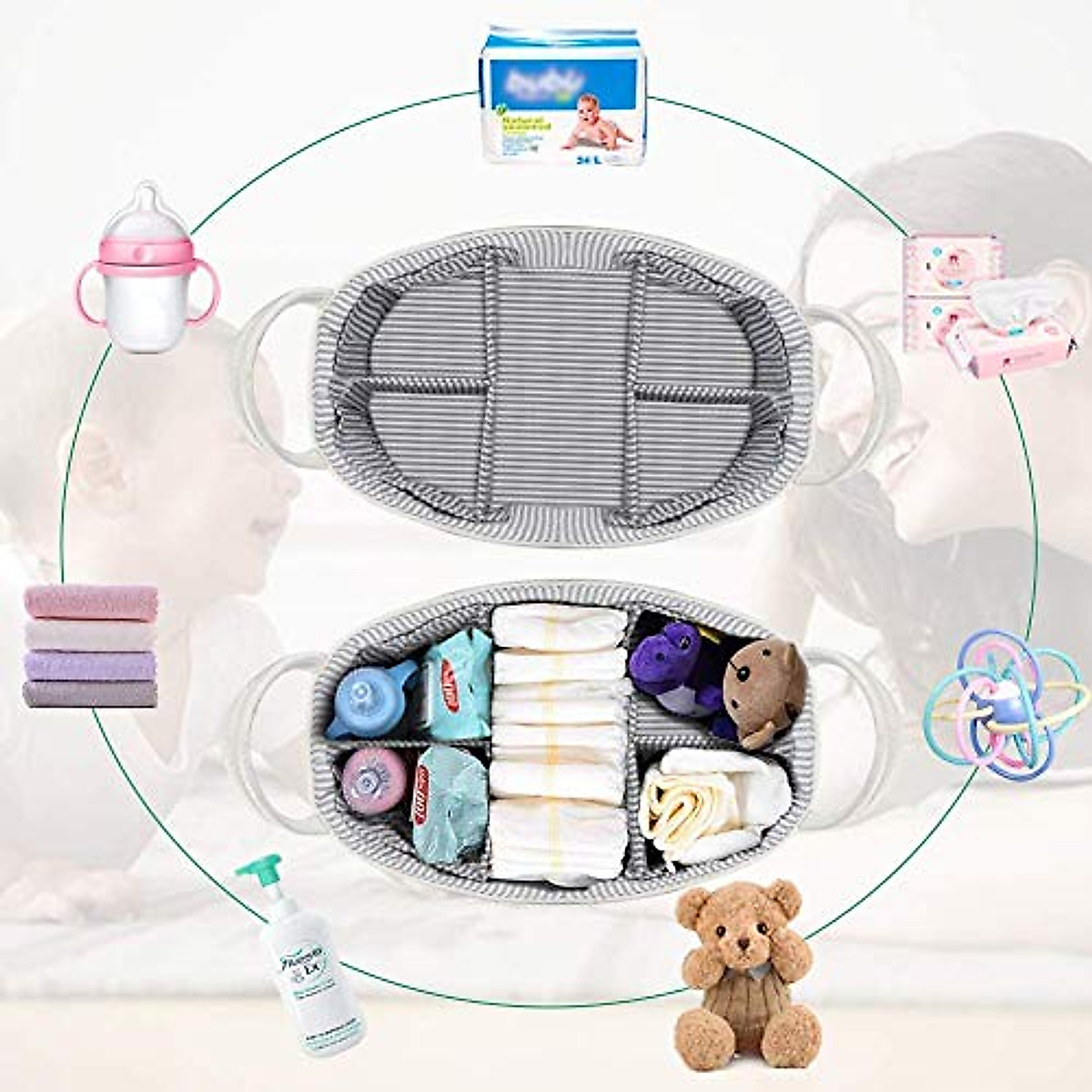 Lzellah Baby Diaper Caddy Organizer - Extra Large Nappy Caddy Rope Nursery Storage Bin - Baby Basket with 8 Pockets, 5 Compartments and 2 Removable Dividers