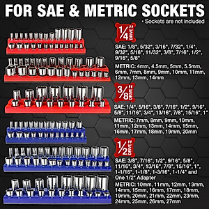 ALOANES 141-Slot Magnetic Socket Organizer, 6PC Socket Holder Kit, 1/2-inch, 3/8-inch, 1/4-inch Drive Socket Tray Holders,for Standard and Deep Metric SAE Sockets, Heavy Duty Organizer(Red&Blue)